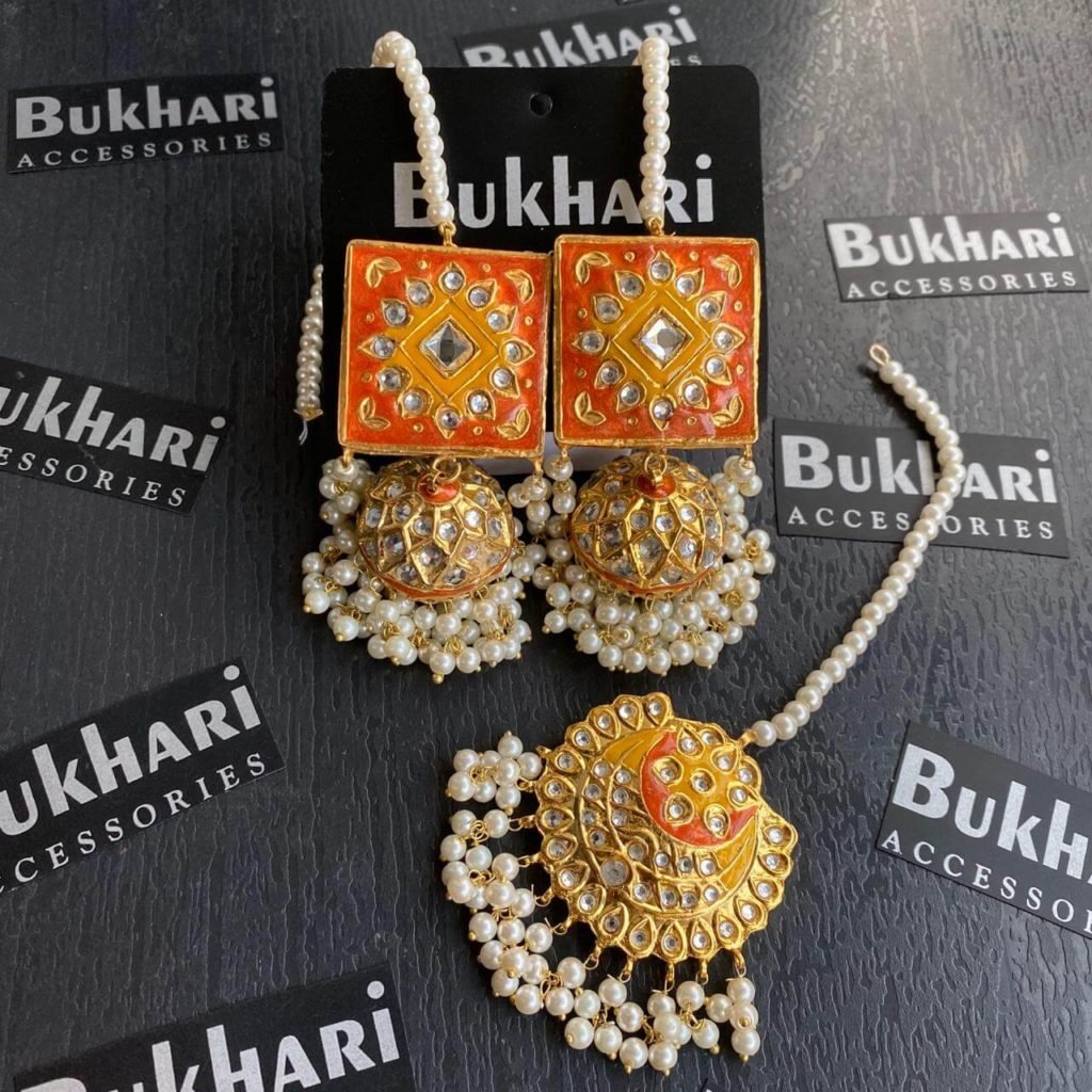 Traditional Dholki style set in orange And Yellow Meena – Bukhari ...